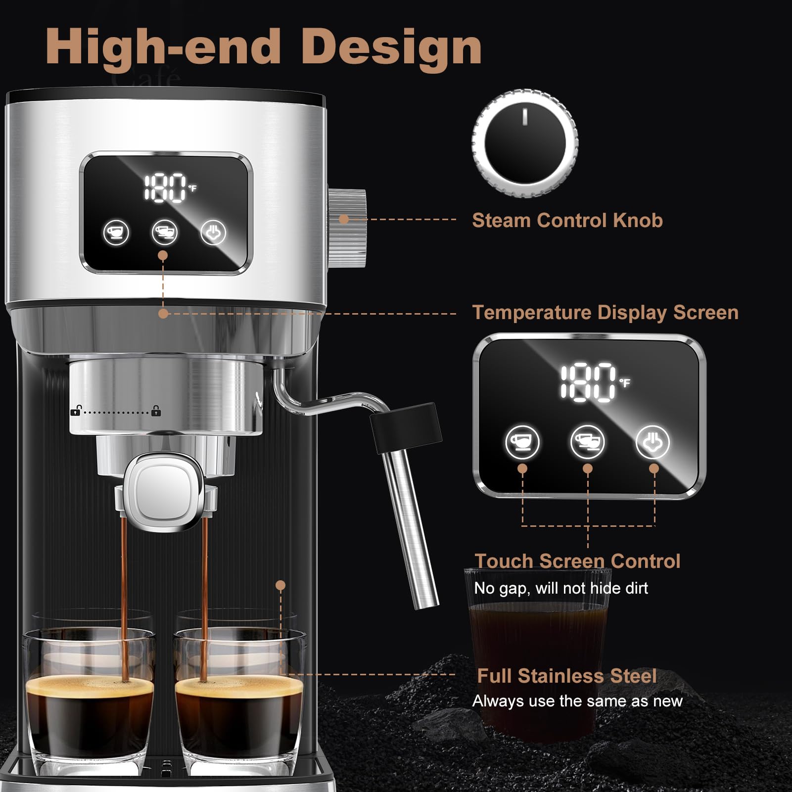 Geek Chef Espresso and Cappuccino Machine, Stainless Steel Espresso Coffee Machine with Removable Water Tank, Prefect Gift for Dad Mom
