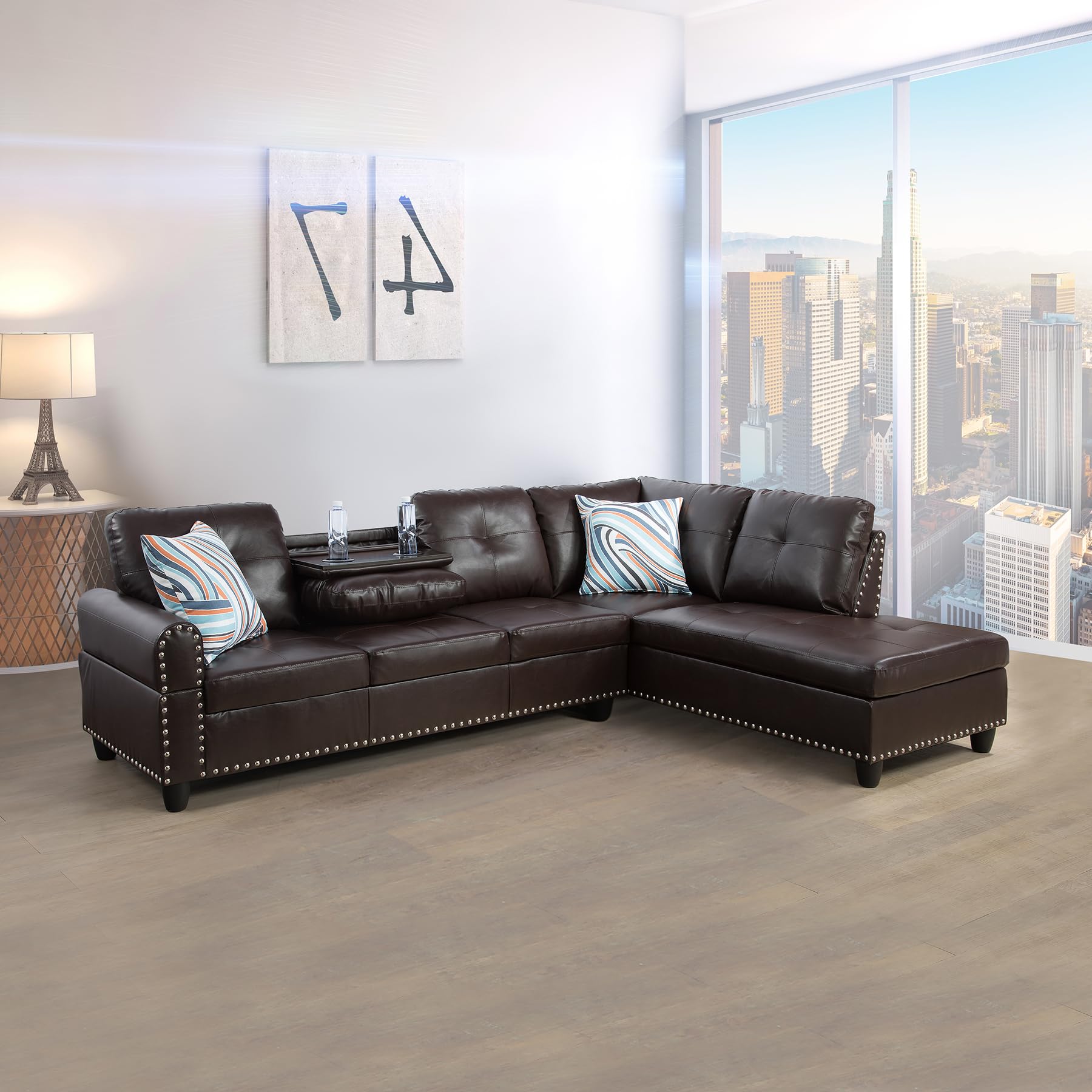 FUOROLA Fountainblue Right Facing Sectional (Sofa+Chaise), 97.5x69.5, Brown-Faux Leather