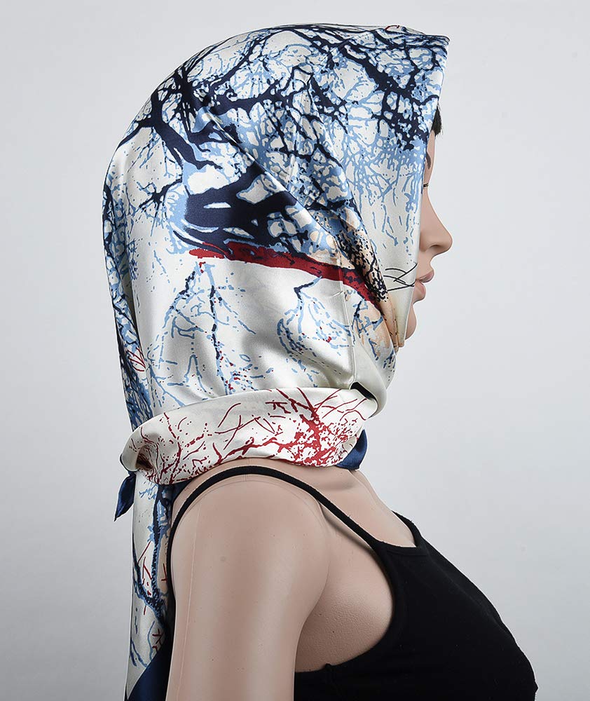 corciova 35 x 35 Large Bandana Women Satin Tie Square Headband Silk Like Hair Scarf Wrap Headscarf Prussian Blue Beige Trees