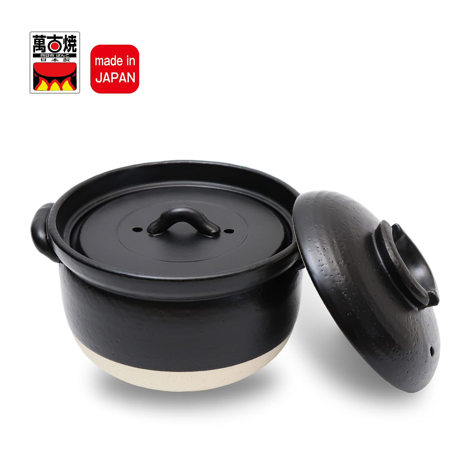 DONABE Clay Rice Cooker Pot Casserole Japanese Style made in Japan for 2 to 3 cups with Double Lids, Microwave Safe