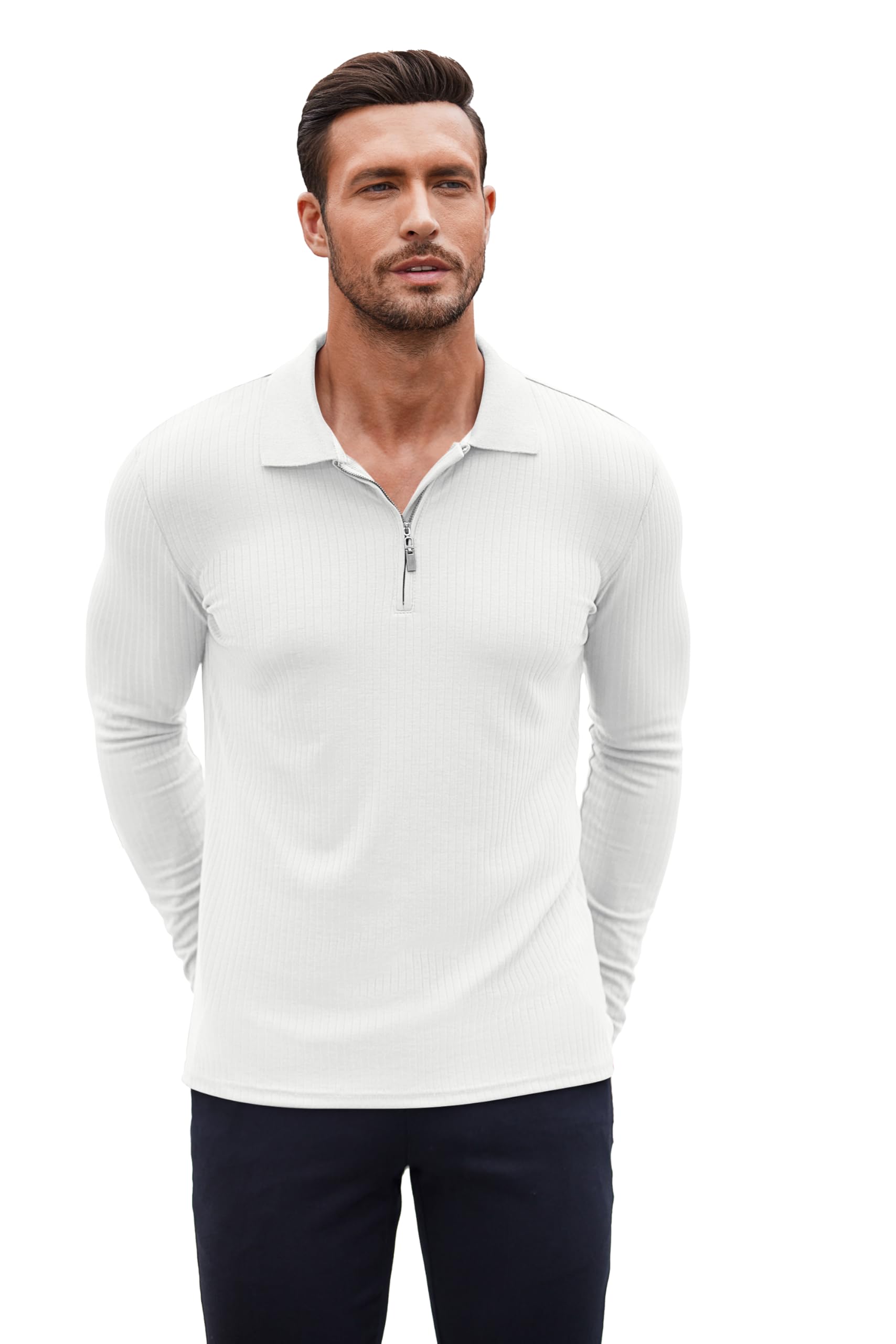 COOFANDY Men's Fitted T Shirt Long Sleeve Stretch Slim Fit Polo Shirts for Golf White