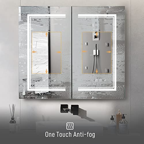 FCH Bathroom Medicine Cabinet with Dimmable LED Mirror, 32"×28" Anti-Fog LED Lighted Mirror Bathroom Cabinet Wall Mounted with 2 Outlets 2 USB Ports 2 Inside and Outside Mirror Doors
