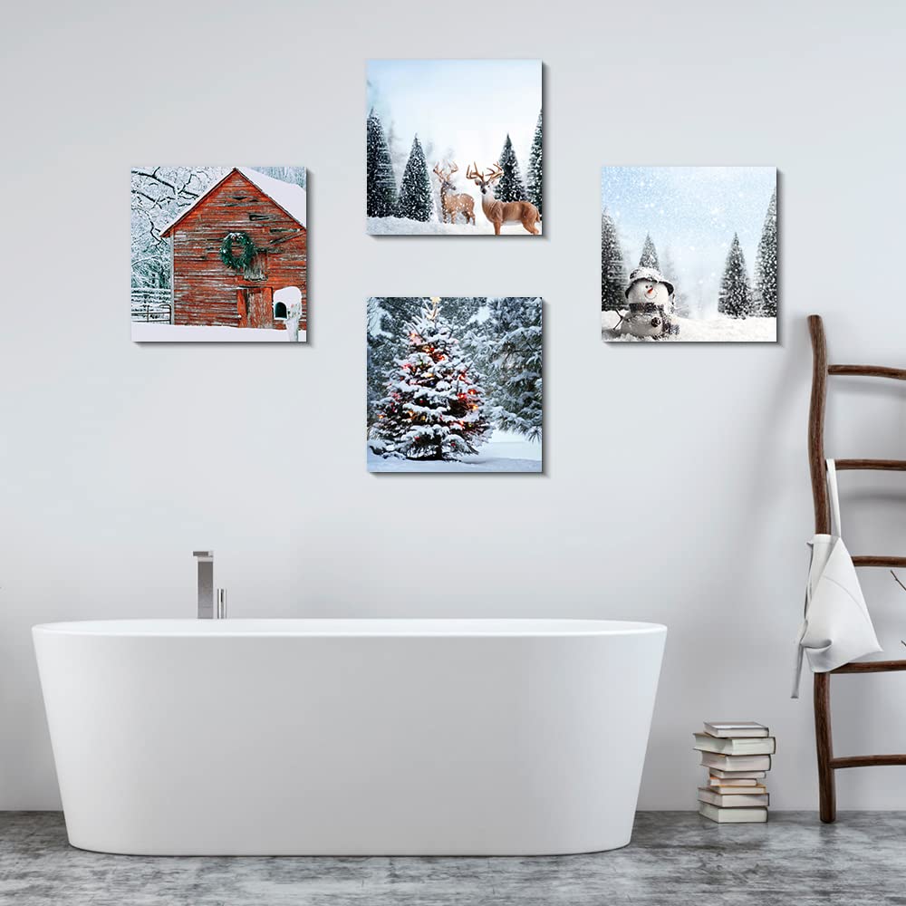 Christmas Canvas Wall Art Snowy Scenery Red Cottage Cute Snowman Canvas Prints for Living Room Kitchen Bathroom Home 12x12 Inches