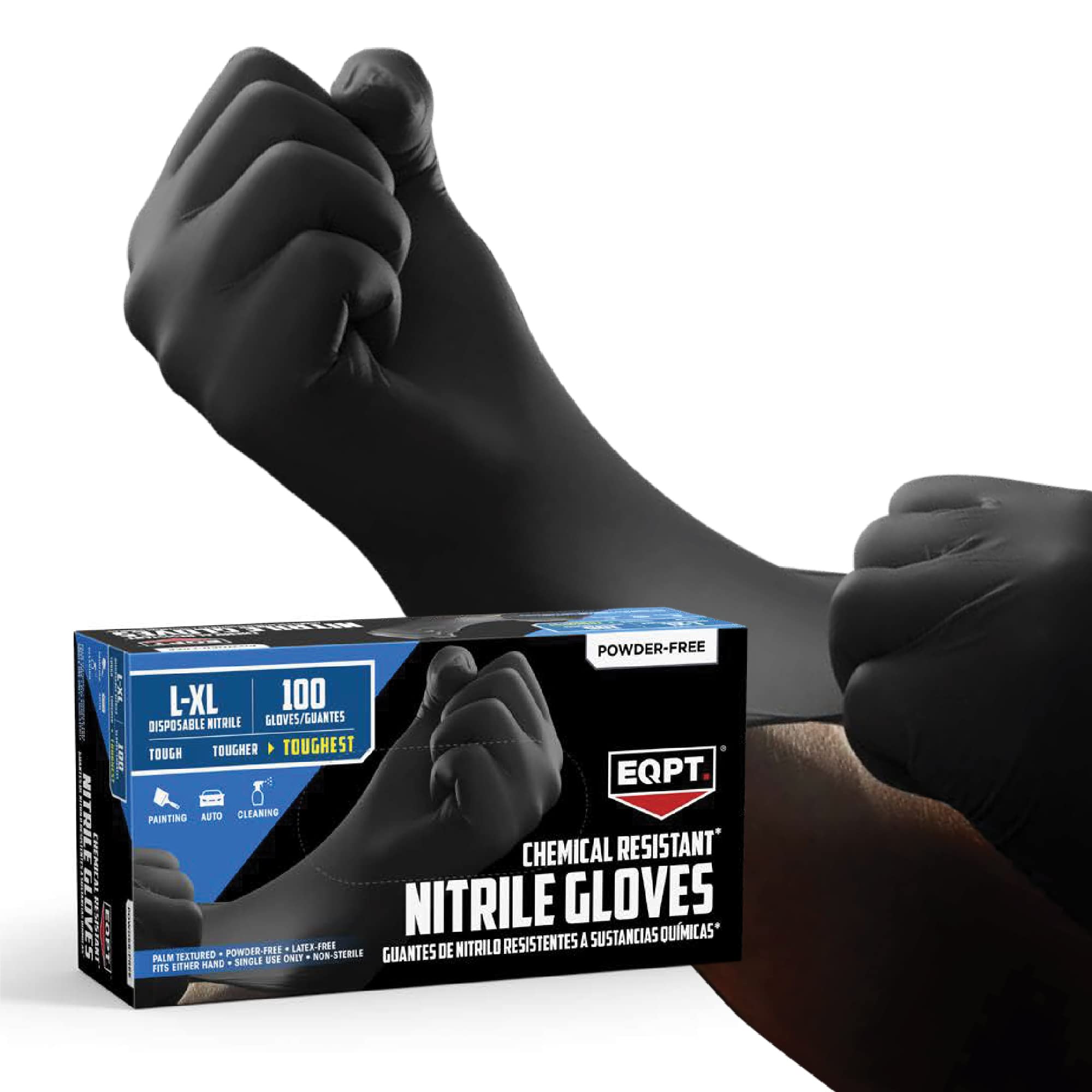 EQPT Disposable Nitrile Gloves, Powder Free, Black, Box of 100, Commercial Grade, Food Safe (Large/X-Large)