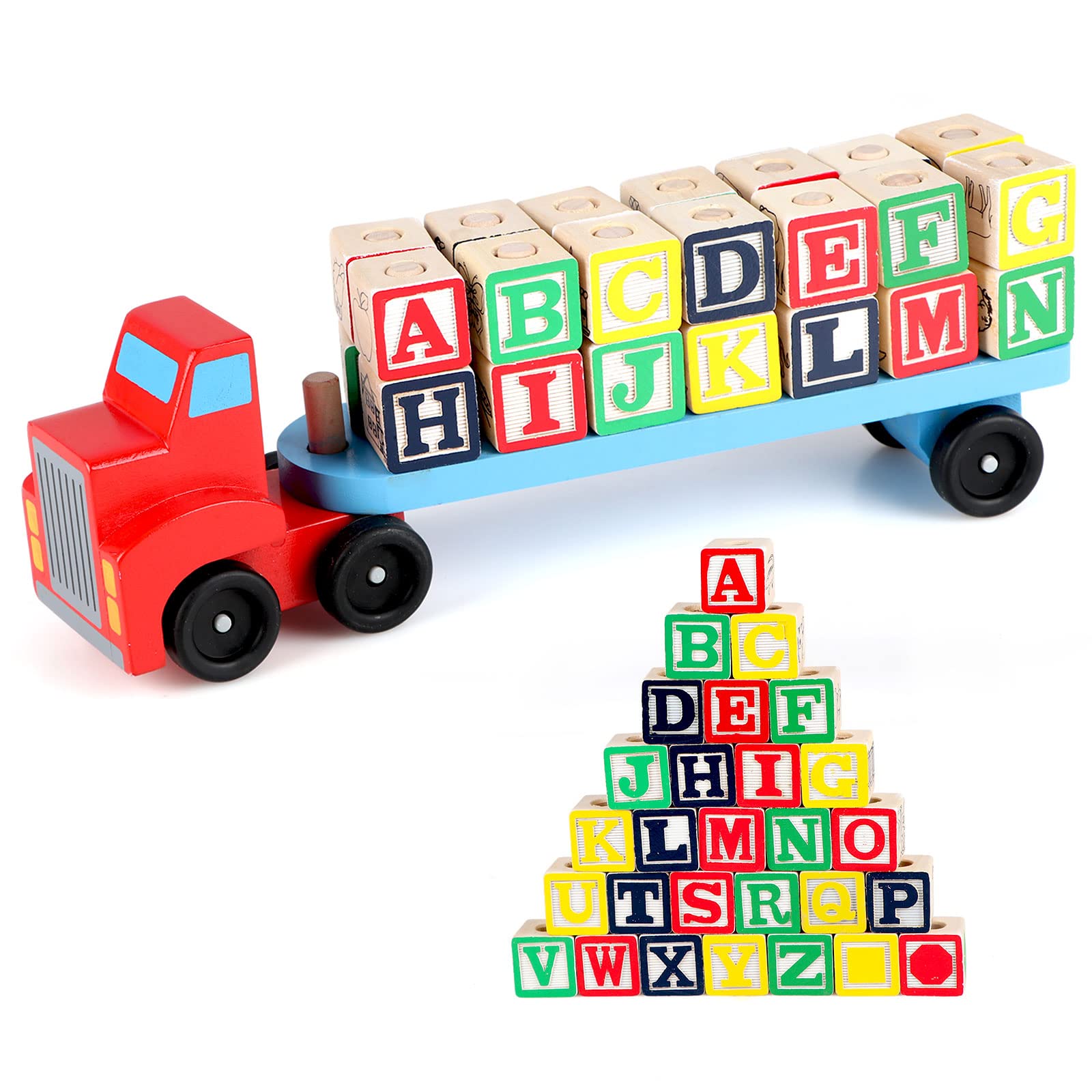Wooden Alphabet Blocks Truck Wooden Building Blocks Car for Toddlers 28 pcs Stacking Blocks and A Truck Montessori Preschool Learning Toys for Toddlers