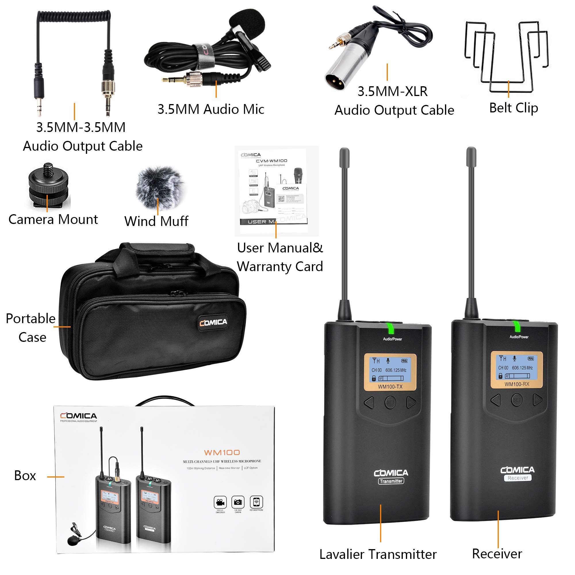 Wireless Lavalier Microphone System, Comica CVM-WM100 UHF 48 Channels Professional Wireless Microphone Compatible with Canon Nikon Sony Panasonic DSLR Cameras,XLR Camcorder,Smartphone etc.