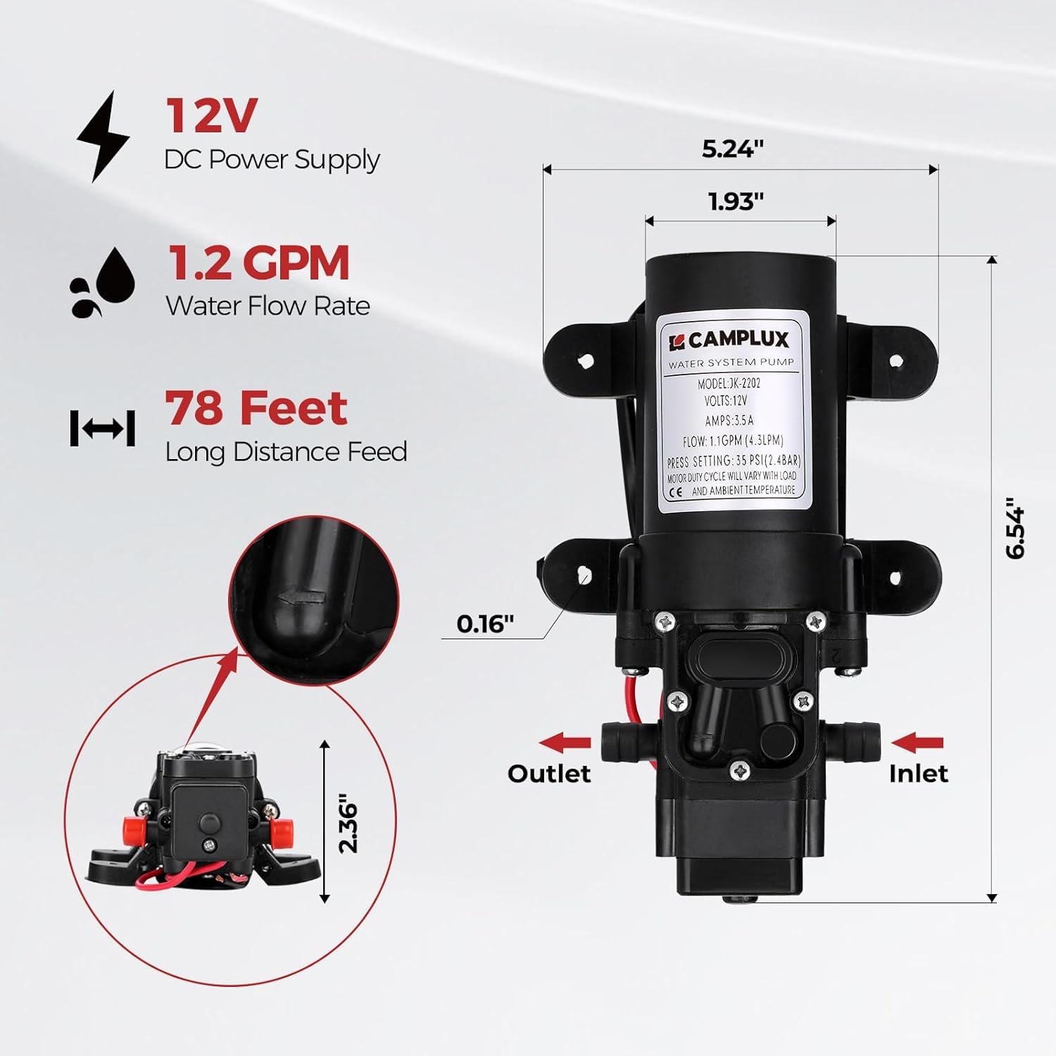 Camplux 12V DC Water Pump, 1.2GPM Diaphragm Pump for Caravan RV Marine Fishing Boat
