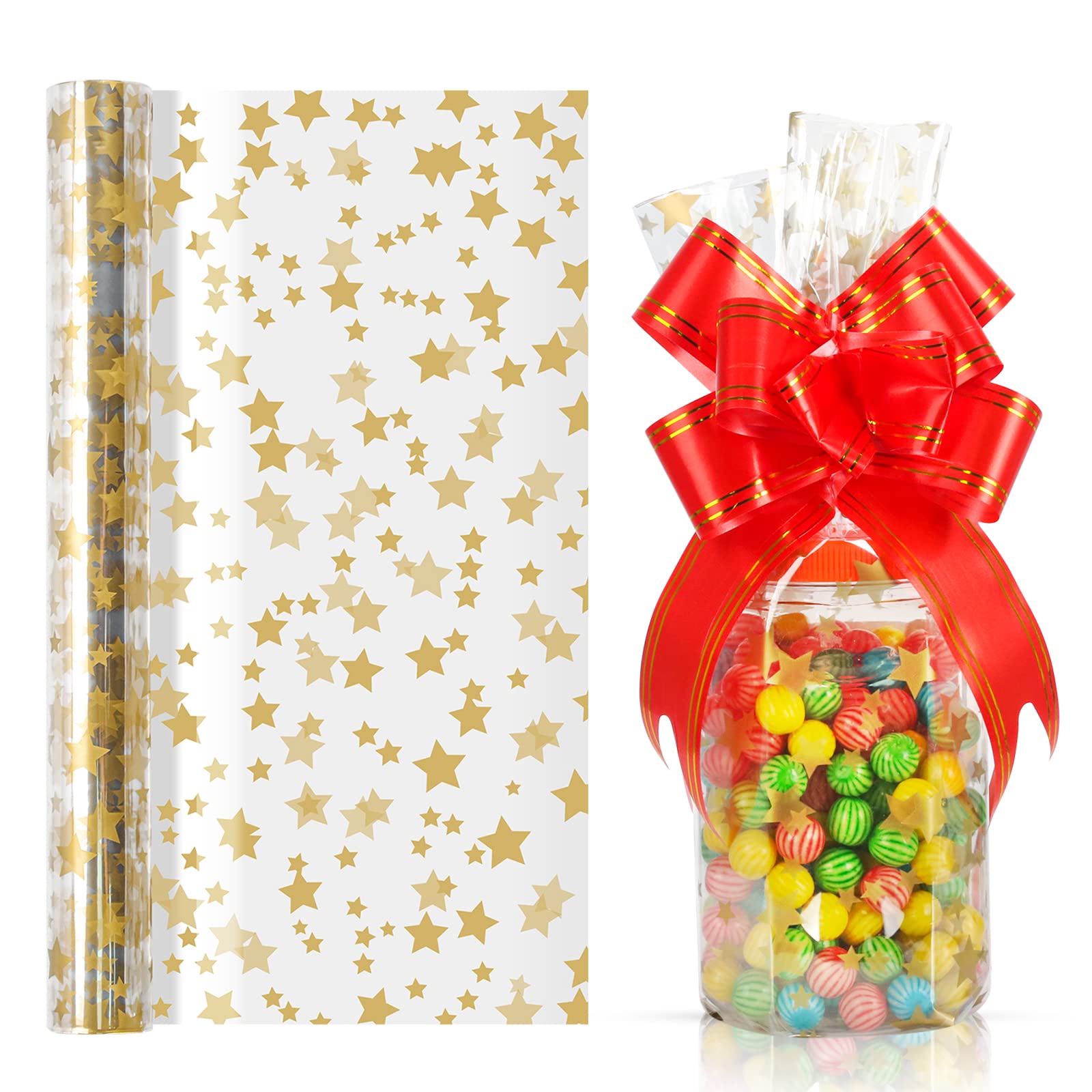 Christmas Cellophane Wrap Roll, Cellophane Wrap Gift Basket Wrap, Nistar Cellophane Wrap Roll (32 in x 100 ft) Gold for Gift Baskets with 8 Bows Extra Large Clear Wrapping Paper to Treats, Flower, DIY Craft for Holiday, Christmas