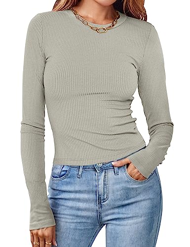 MEROKEETY Women Long Sleeve Slim Fit Crop Shirt Ribbed Knit Tops Casual Round Neck Y2K Tees Grey Small