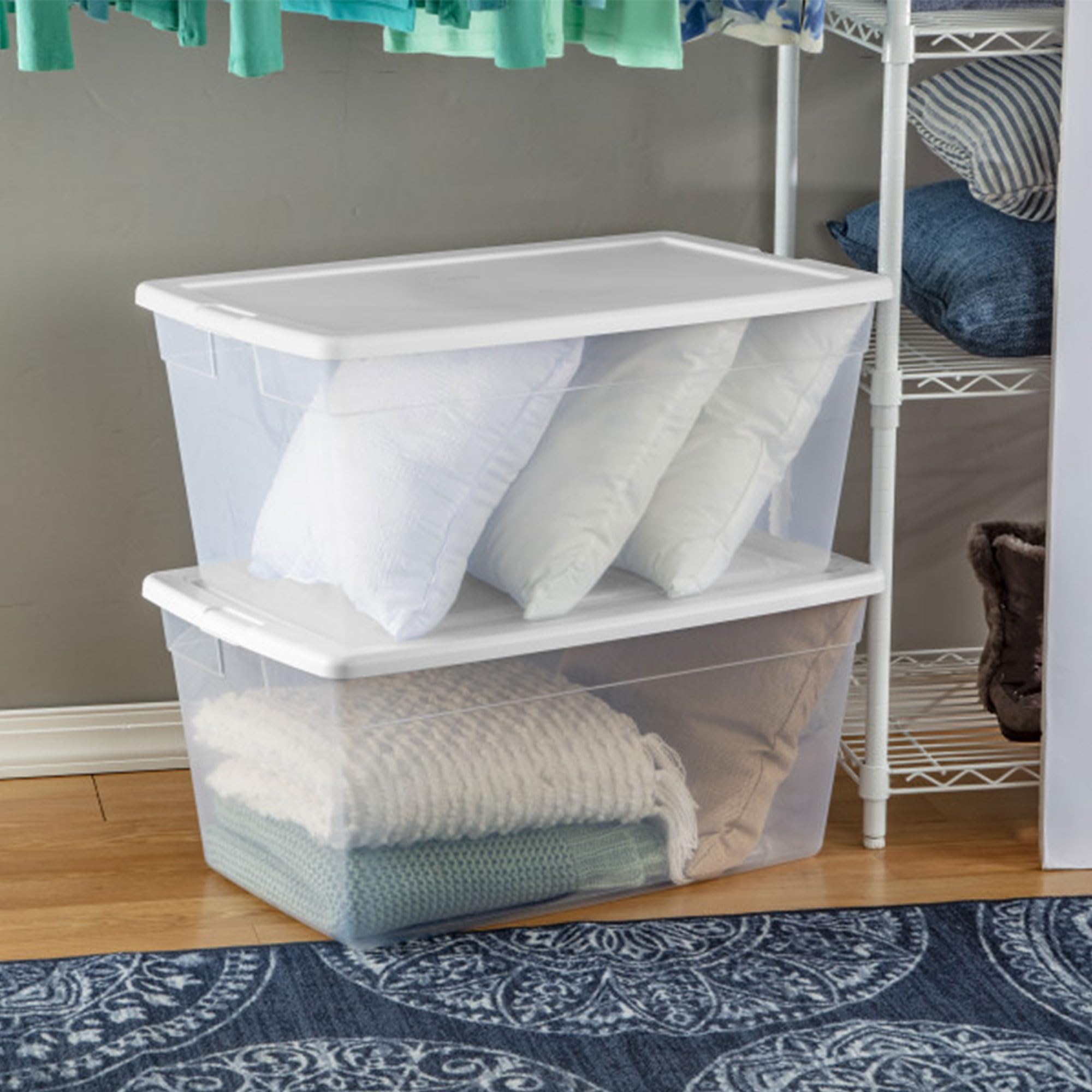 Sterilite 90 Qt Storage Box, Stackable Bin with Lid, Plastic Container to Organize Clothes, Blankets, Towels in Closet, Clear with White Lid, β29.75"L x 13.5"W x 18.75"H, 4-Pack