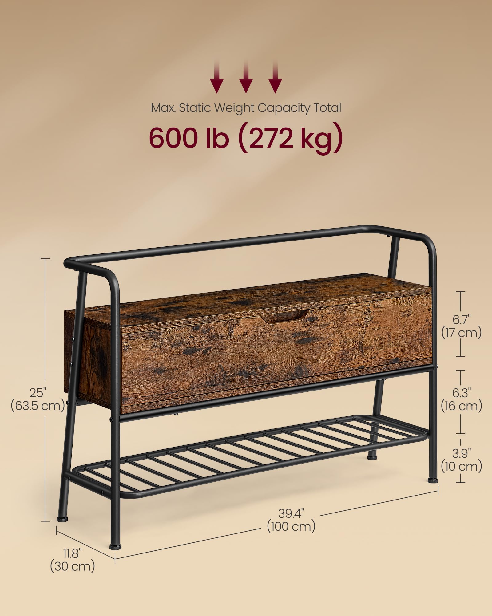 VASAGLE Shoe Storage Bench with Seating, Shoe Bench with Organizer Drawer, Industrial Style, Steel Frame, Holds Up to 600LB, for Entryway, Living Room, Bedroom, Rustic Brown and Ink Black, ULSB151K01