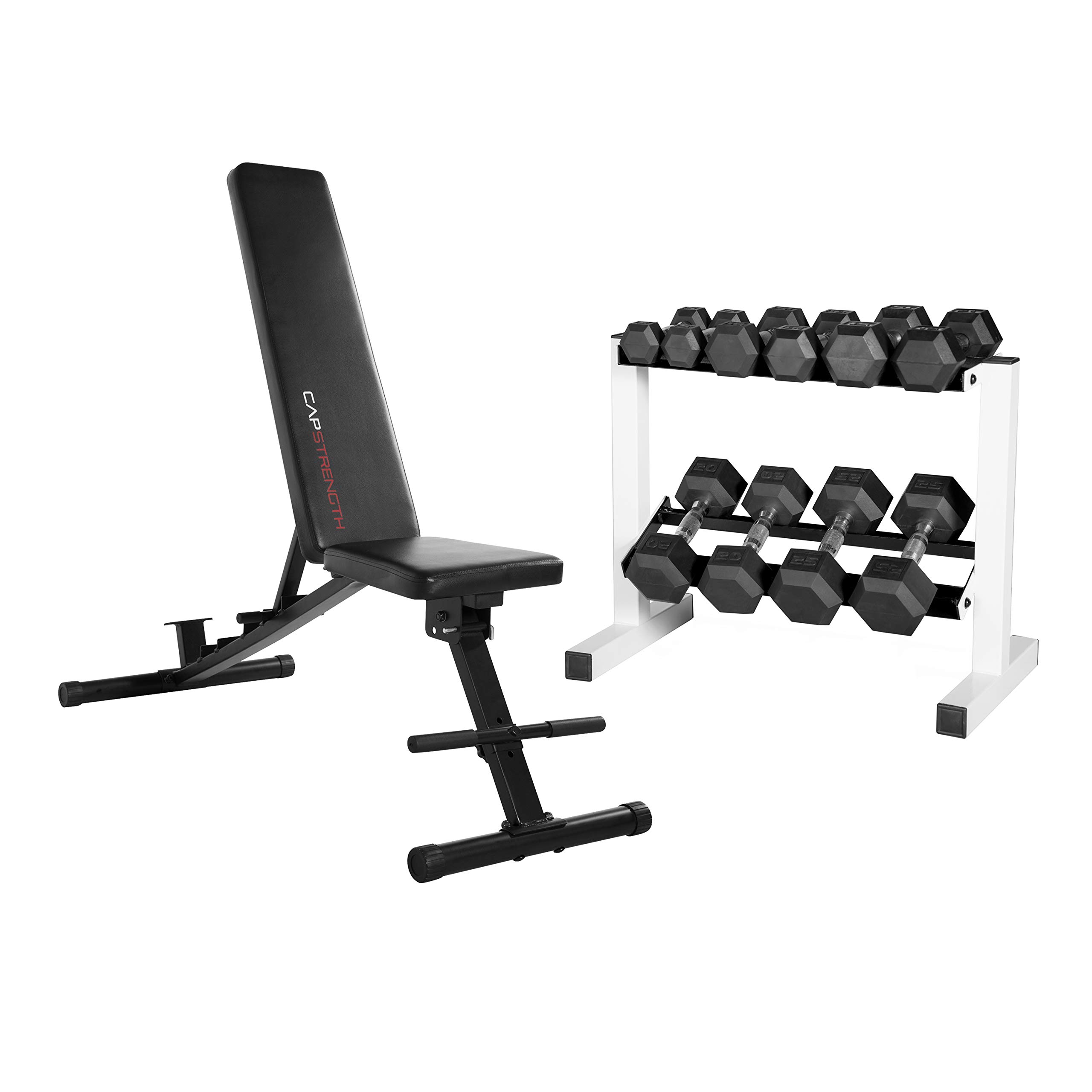 CAP Barbell 150-Pound Dumbbell Set, 24-Inch White Rack & Adjustable Bench Bundle