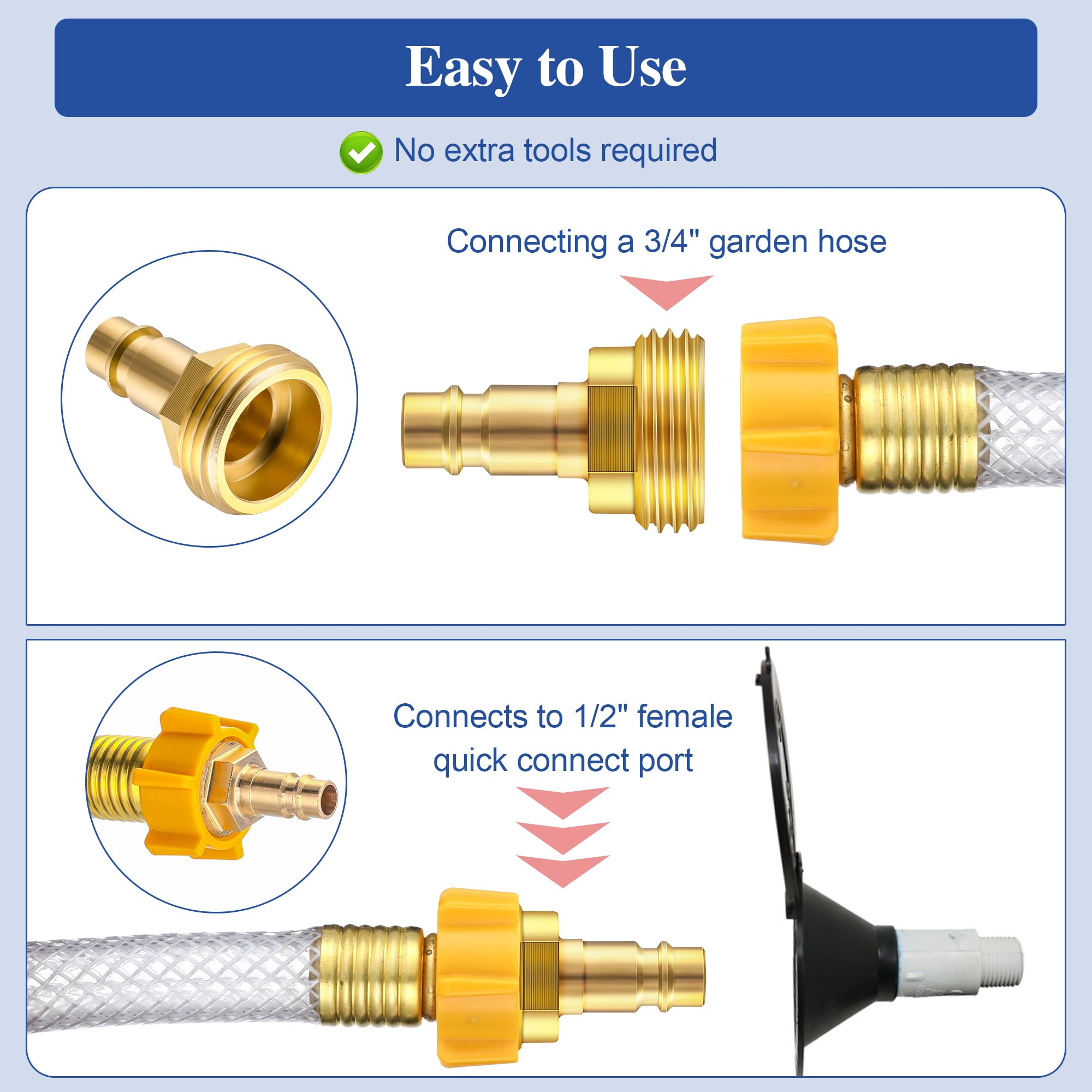 Dreyoo Quick Connector Hose Adapter Replacement for PF247007, 1/2" Quick Connector for 3/4" Garden Hose RV Spray Port Outlet and Spray Away, Quick Connectors Adapter with PTFE Tape, Brass(2 Pcs)