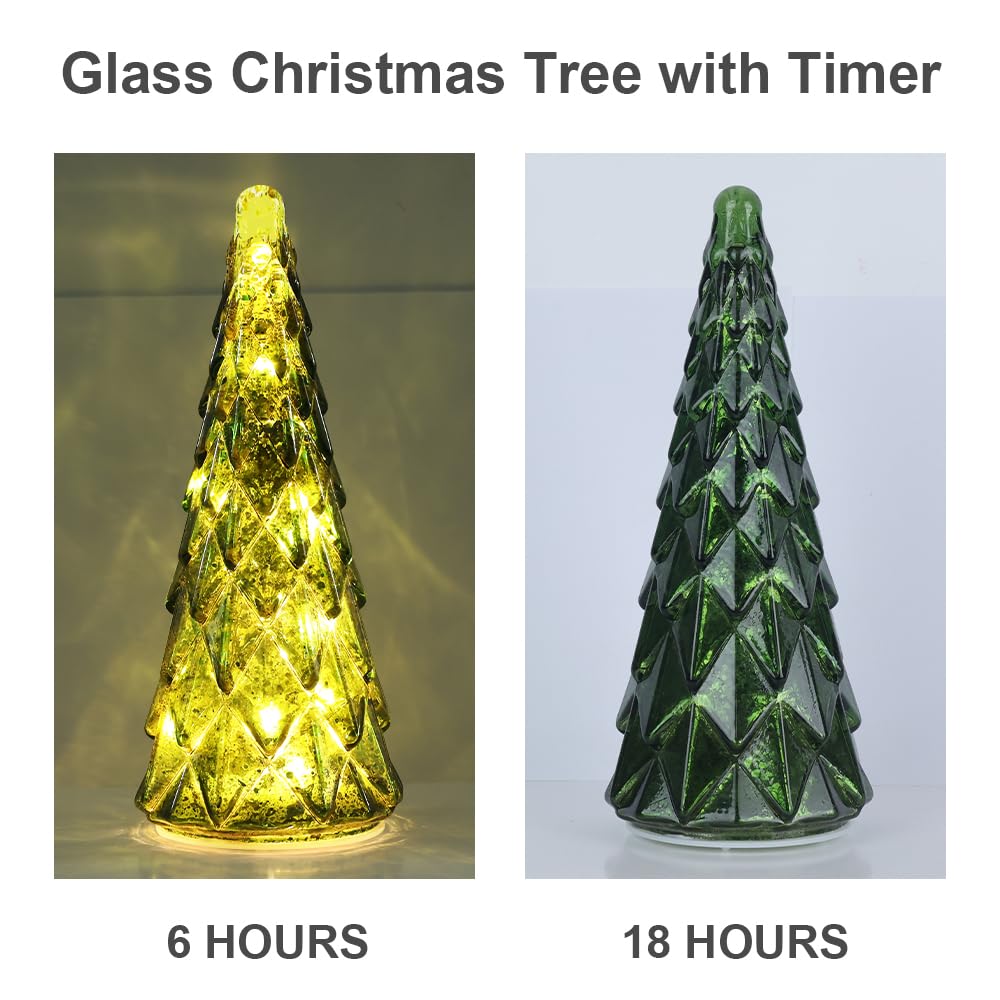 Christmas Decorations Indoor, YEAHOME Set of 3 Pre-lit Green Glass Christmas Tree for Home Decor, Christmas Table Decorations Lighted Xmas Tree with Timer for Living Room Mantel Tabletop Party