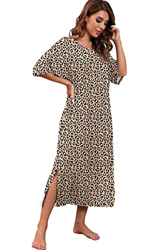PrinStory Womens Long Nightgown Round Neck Nightshirts Short Sleeve Loose Loungewear Casual Sleep Dress With Pockets FP-Leopard Khaki-X-Large