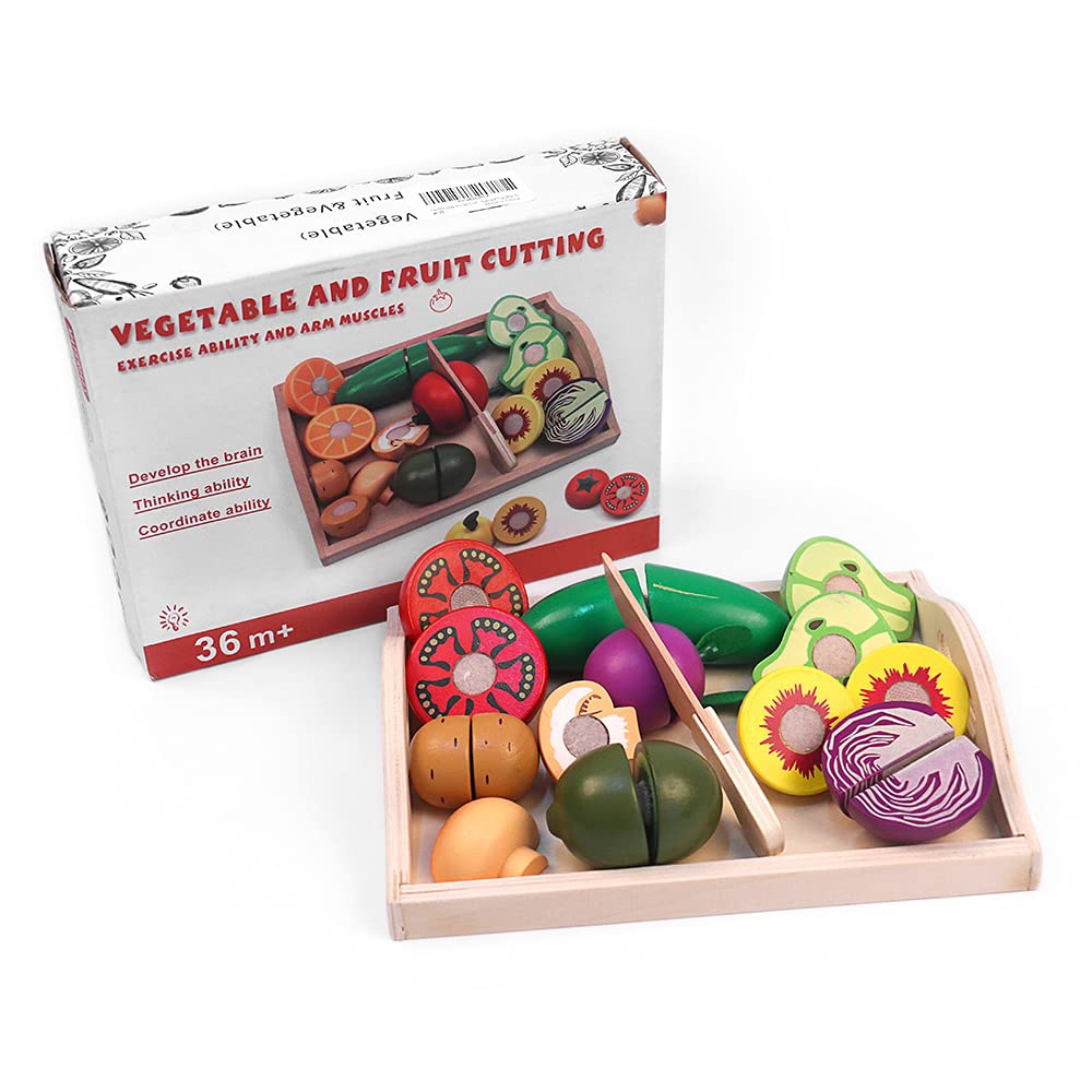 Wooden Cutting Fruit Vegetables Set for Kids - Pretend Play Food Toy Set with Wooden Knife and Tray Learning Toys for Toddlers (Fruit-E)