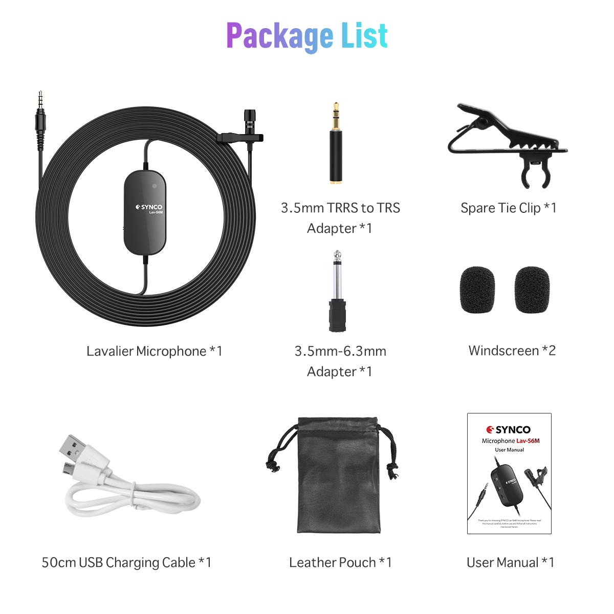 SYNCO Lav-S6M Lavalier Microphone, 3.5mm Audio-Monitor Port Clip-on Condenser Mic Support USB Charging, 6M/19.7 FT Cable Noise Reduction for YouTube, Interview, Conference, Live Broadcast