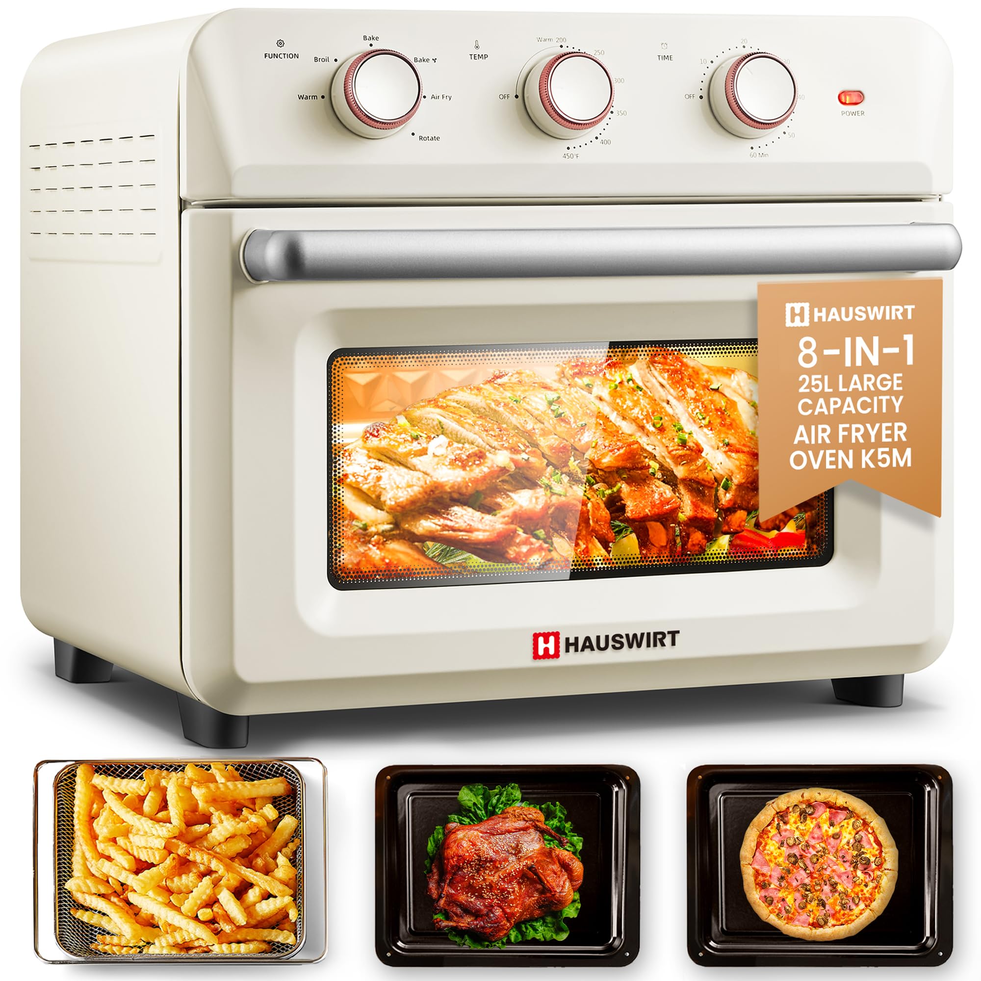 Hauswirt K5M Air Fryer Toaster Oven Combo, Retro XL Large Oven 3-4People, Air Fryer Oven with Rotisserie Kit, 26.5QT 6-slices Toast 12" Pizza, Bake Toast Broil,1600W 190°F-450°F,Non-Stick,Cream White