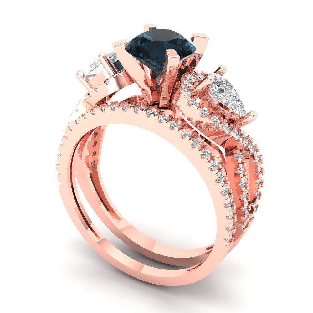 Clara Pucci 2ct Round Cut Solitaire 3 stone Natural London Blue Topaz Engagement Promise Anniversary Bridal Ring Band set 14k Rose Gold 5