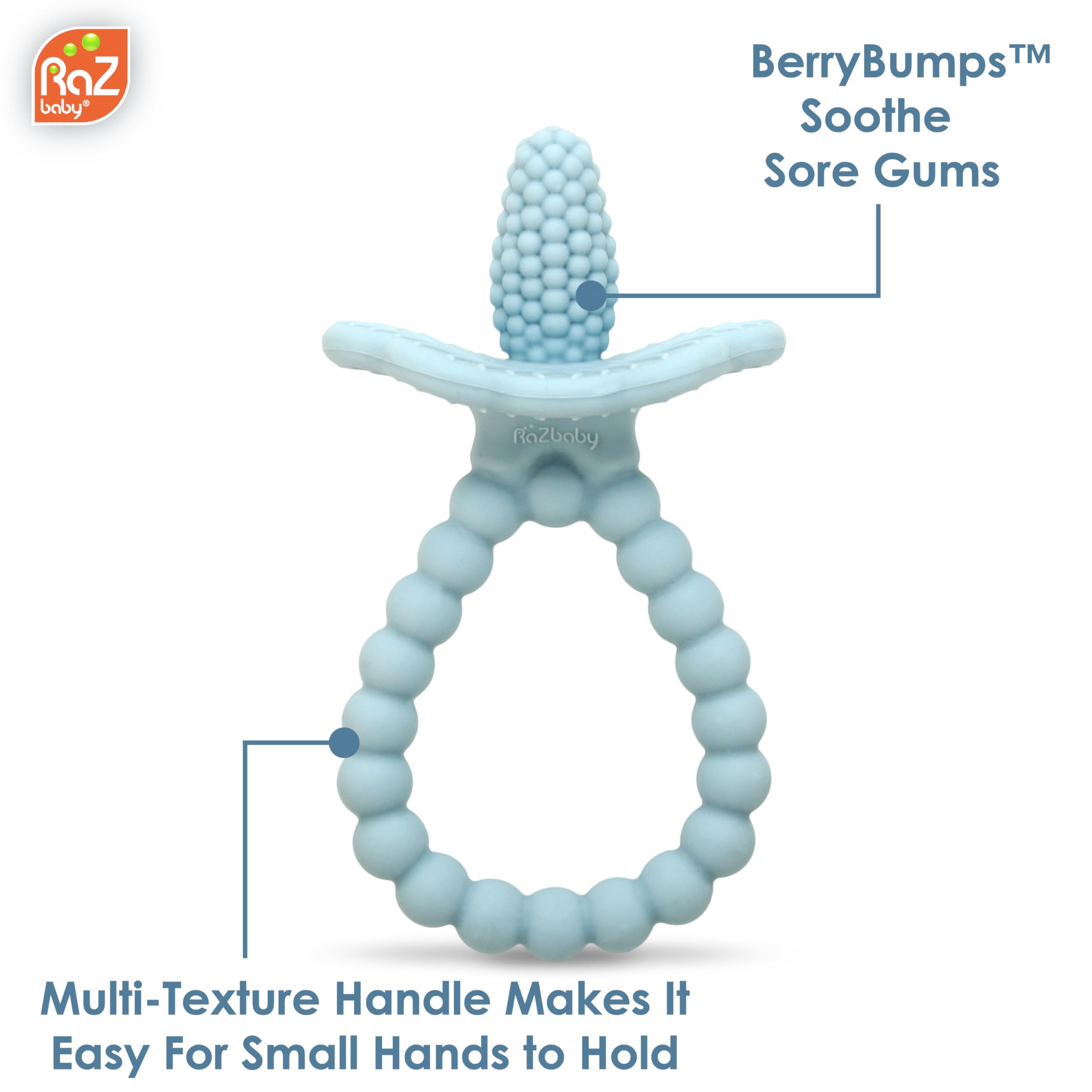 RaZbaby Silicone Baby Teether, BerryBumps Textured Silicone Soothes Babies’ Sore Gums, Infant Front and Back Teething Relief Toy, BPA Free, Easy-to-Hold, RaZberry Plus Fruit Shape, 3M+ – Blue