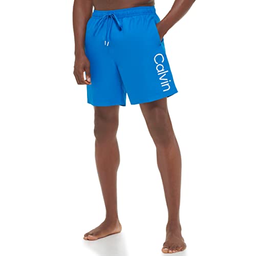 Calvin Klein Men's Standard UV Protected CK Logo Print Quick Dry Swim Trunk, Lake, XX-Large