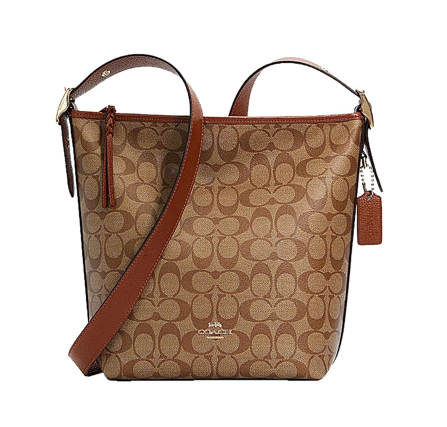 Coach Val khaki redwood Duffle Signature Logo Brown Red Leather Handbag Canvas NEW