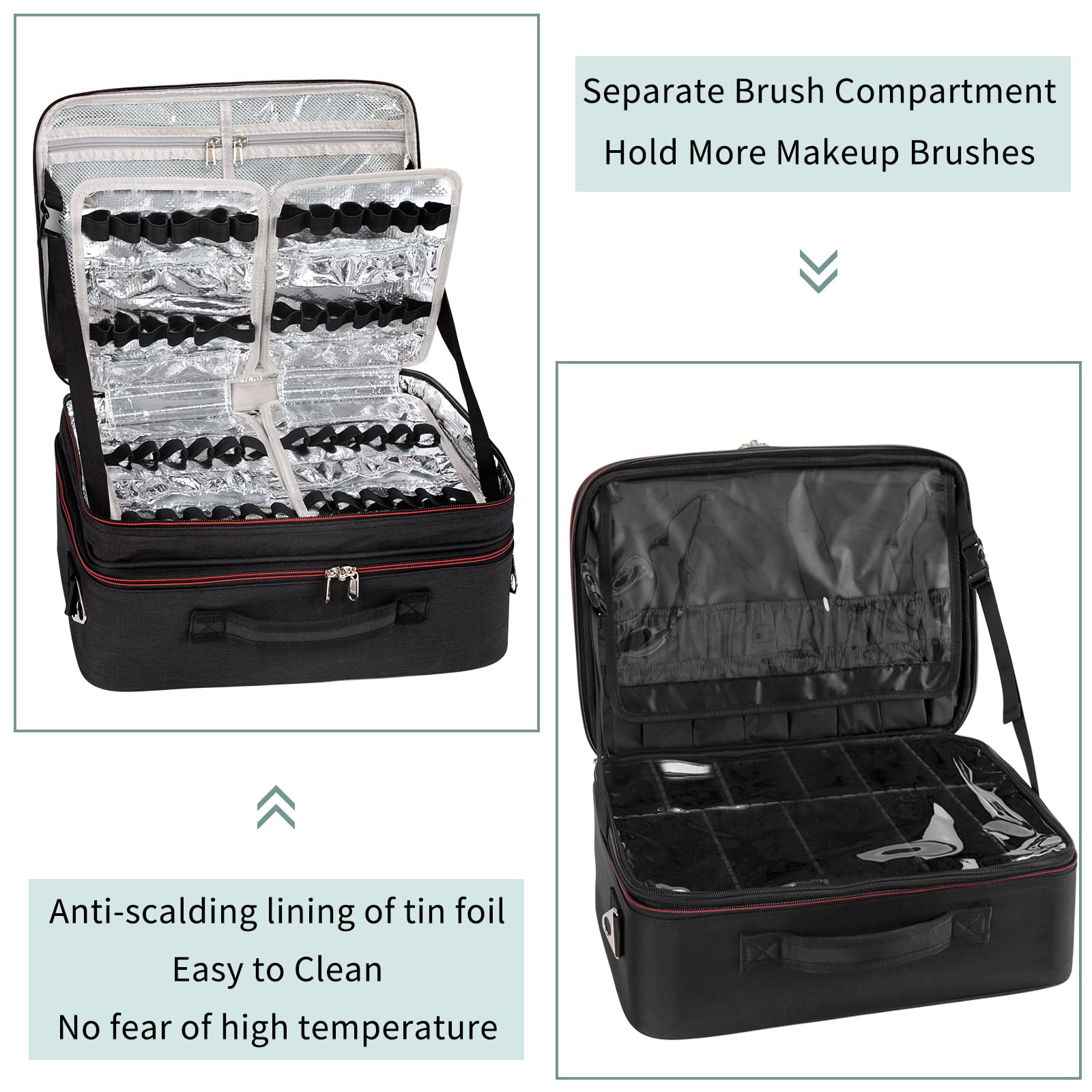 Extra Large Makeup Case, Makeup Bag Organizer Travel Cosmetic Case Portable Artist Storage Bag with Washable Plastic Divider and Heat Insulation Layer For Lipstick Makeup Toiletry Accessories Black