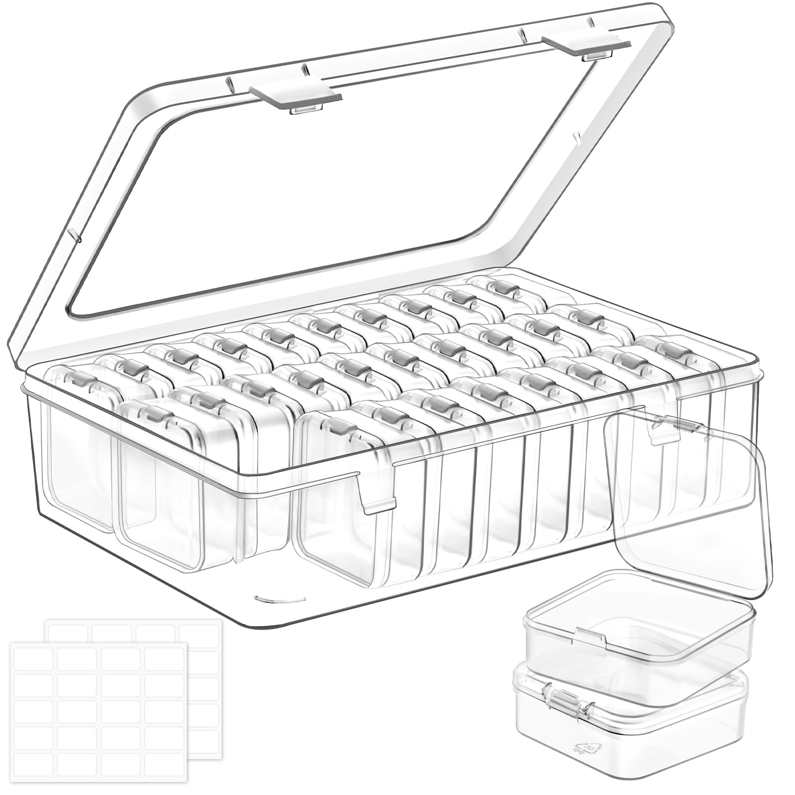 Mauproy Bead Organizer Box, 31 Pcs Small Clear Plastic Bead Storage Cases, Mini Rectangle Storage Containers with Hinged Lids and Labels for DIY Art Craft Jewelry Bracelet Making