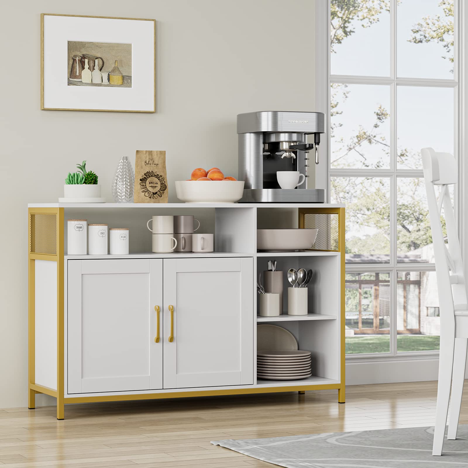 HITHOS Sideboard Buffet Cabinet, Gold Storage Cabinet with Doors and Adjustable Shelves, Modern Coffee Bar Cabinet Accent Cabinet for Kitchen, Dining Room, Living Room, Entryway, Gold/White