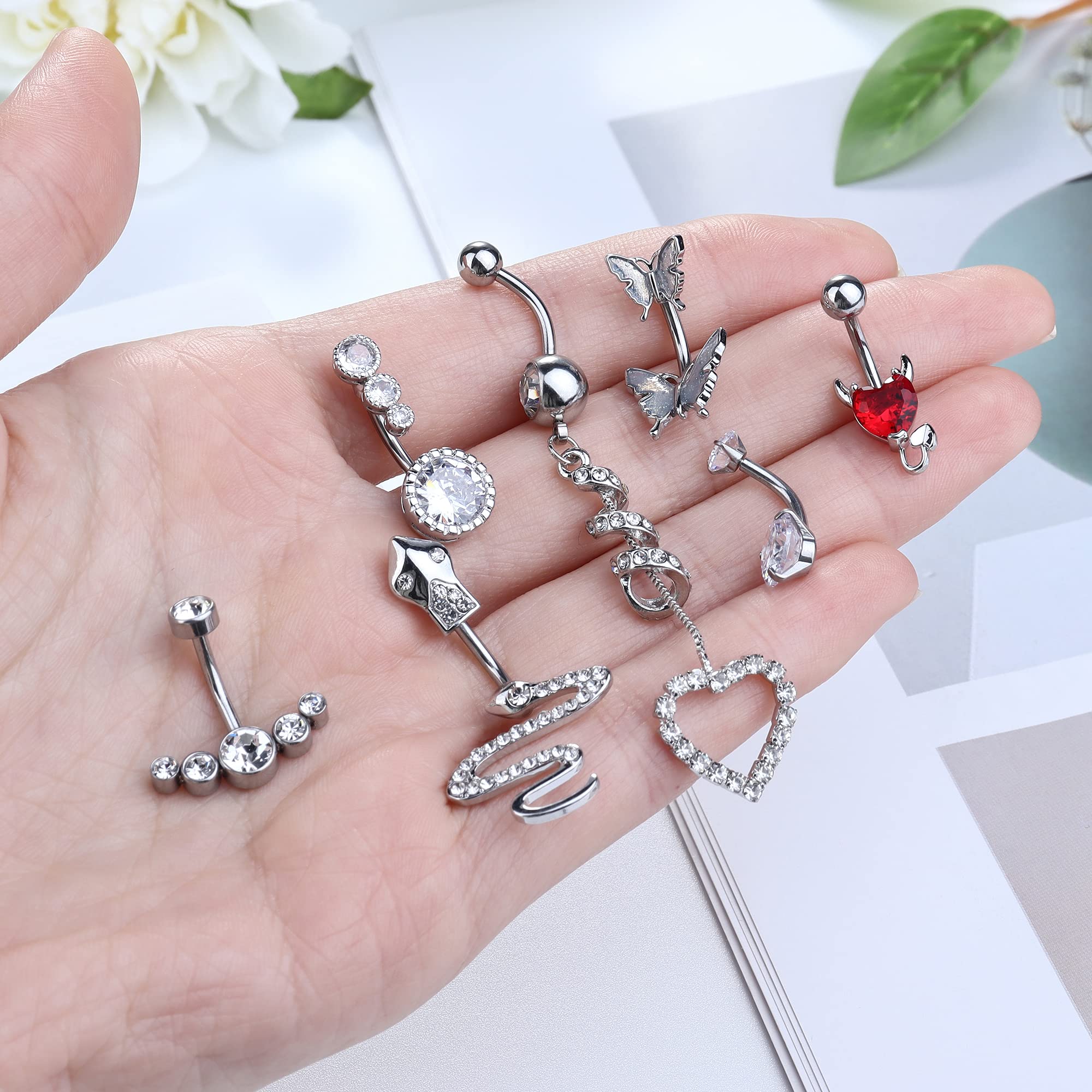 CASSIECA 7Pcs 14G Belly Button Rings Dangle for Women Stainless Steel Snake Butterfly Devil Heart Clear CZ Navel Rings Body Piercing Jewelry