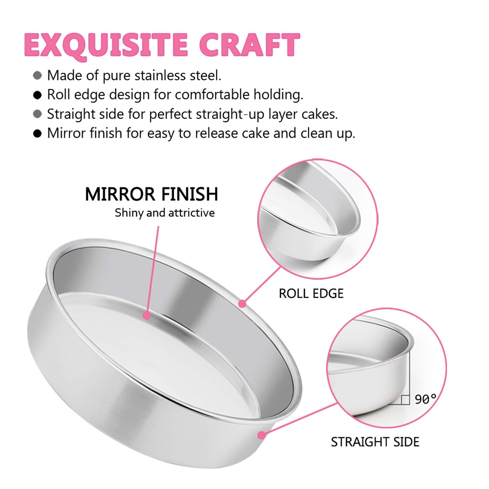 E-far 6 Inch Cake Pan Set of 3, Stainless Steel Round Smash Cake Baking Pans Tins, Non-Toxic & Healthy, Mirror Finish & Dishwasher Safe
