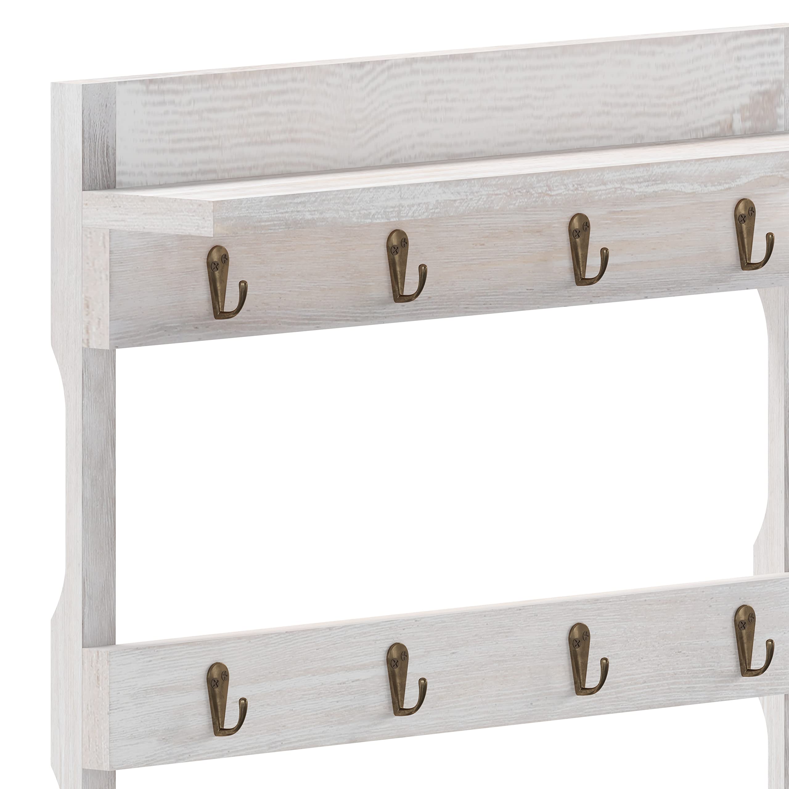 Merrick Lane Steeley Wooden Wall Mount 12 Cup Mug Rack Organizer with Upper Storage Shelf and Metal Hanging Hooks with No Assembly Required, Whitewashed