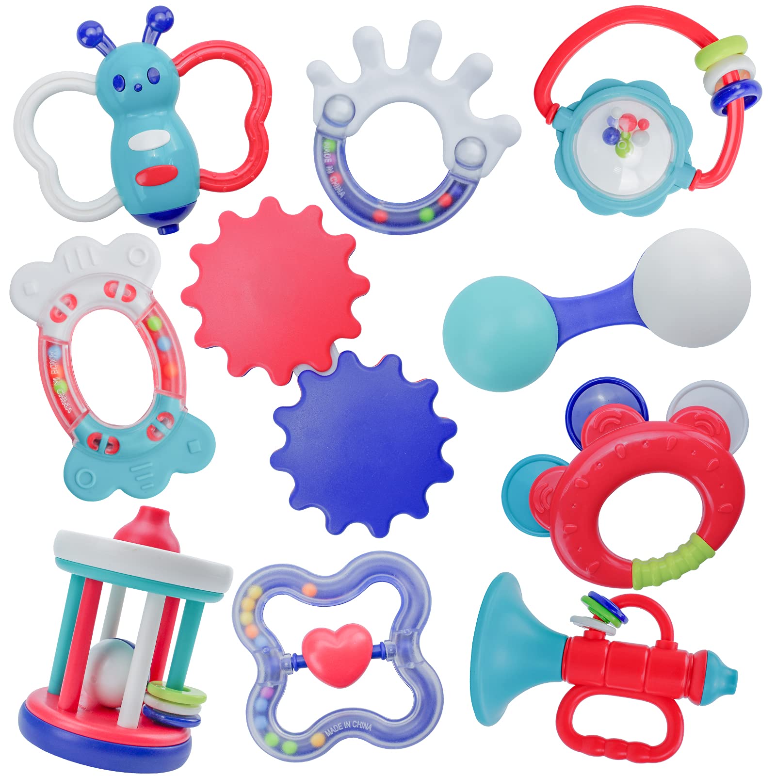 WISHTIME Baby Rattle Teether Baby Toys - 10pcs Shaker, Grab, Shaking Bell Rattle Set Infant Newborn Toys with Storage Box Gift for Babies 0 3 6 9 12 Months