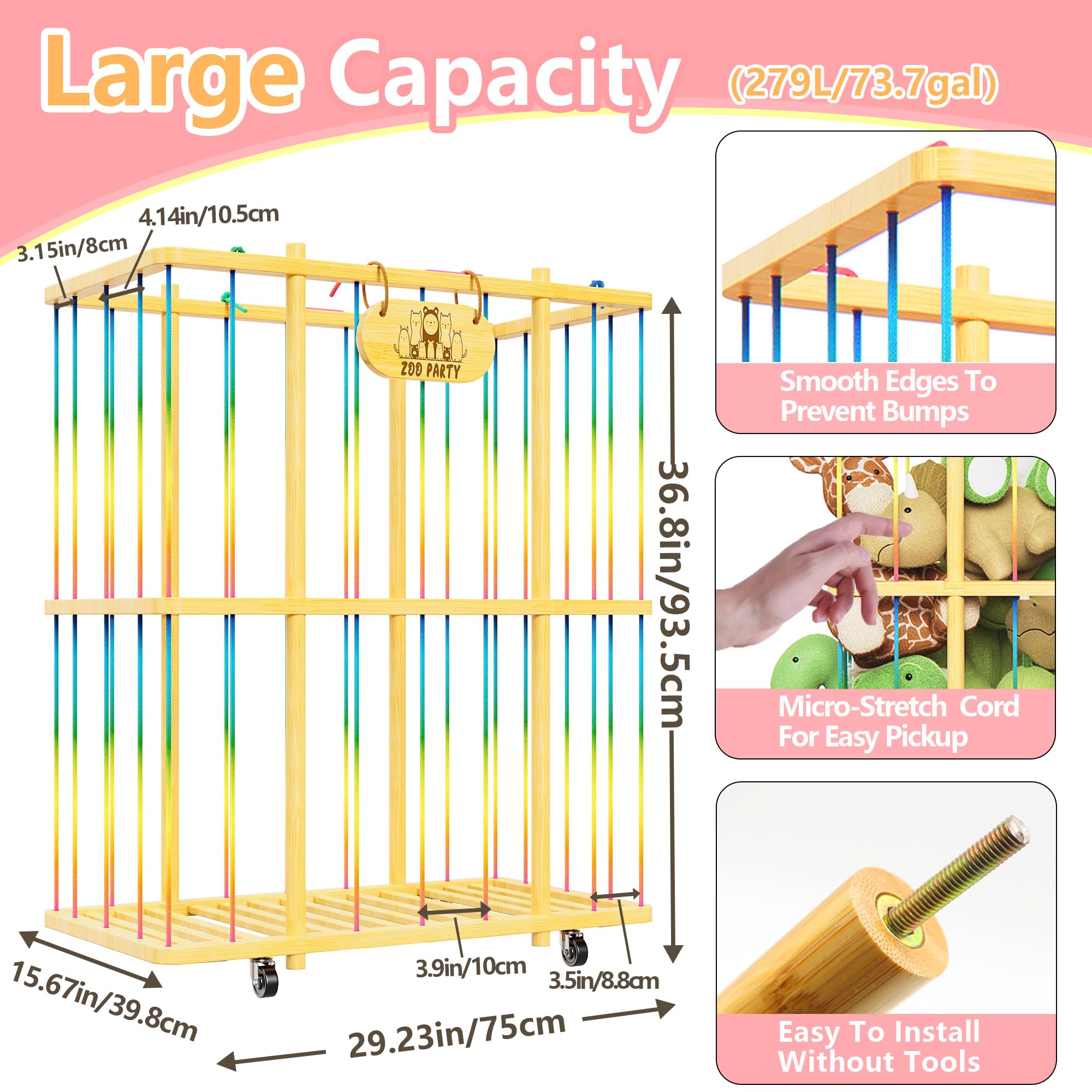 Extra Large Stuffed Animal Organizer, Bamboo Stuffed Animal Zoo Storage Cage, Stuffed Animal Holder with Wheels, Plush Toy Storage Organizer, Stuffed Animals Storage for Nursery Playroom