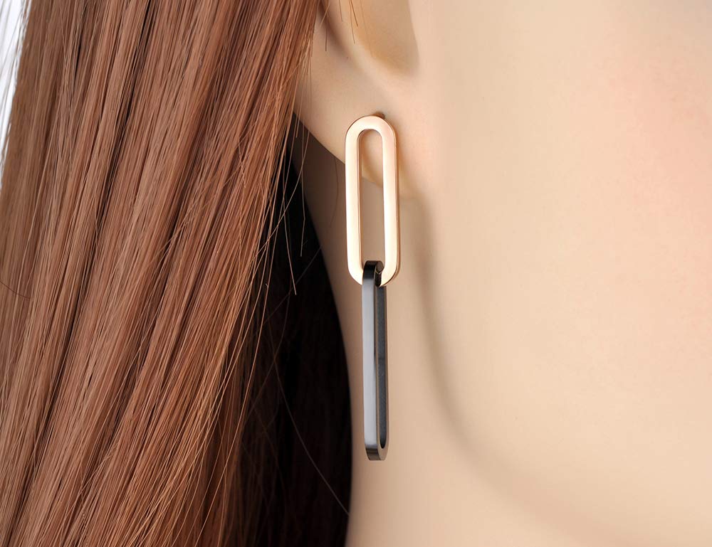 BOBOTUU Black Geometric Earrings for Women, Stainless Steel Hypoallergenic Statement Handmade Dangle Earrings, Trendy Rose Gold Chunky Dainty Women's Drop Earrings