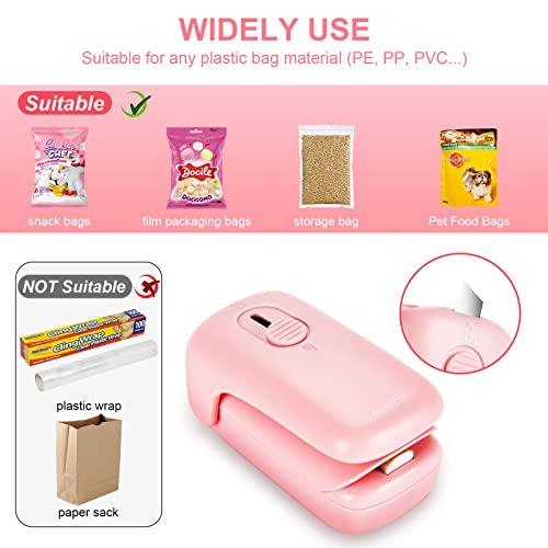 Mini Bag Sealer, Kenossion Chip Bag Sealer - Bag Sealer Heat Seal with Cutter & Magnet, Portable Mini Sealing Machine to Reseal Plastic Bags & Keep Snacks Fresh-Pink (2xAA Batteries Included)