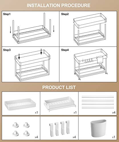 MERRYBOX Under Sink Organizers and Storage, Sliding Under Bathroom Cabinet Organizer, 2 Tier Kitchen Under Sink Organizer Pull Out Drawer with 4 Hooks, 1 Hanging Cup, 4 Non-Slip Feet, White, 1 Pack