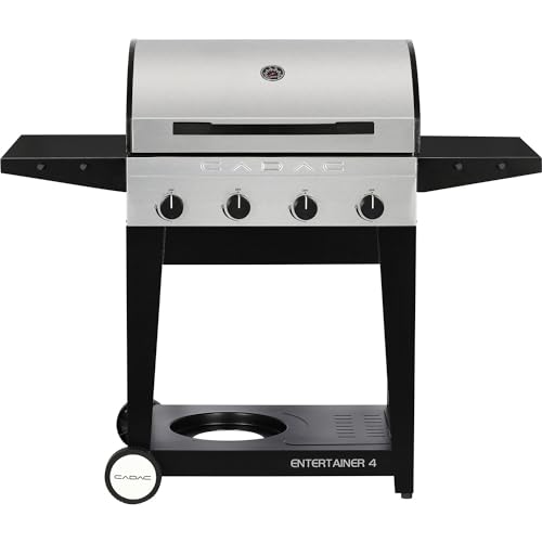 Cadac Entertainer 4 Propane Gas BBQ Grill with 4 Burners, plus Open Cart with Sides Tables and Tank Storage Shelf