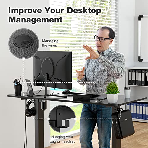 HappYard Height Adjustable Electric Standing Desk, 47 x 23 Inches Adjustable Desk w/ 4 Memory Button, Splice Board, 2 Hooks, 2 Outlet Boxes, Adjustable Height Computer Desk for Home Office, Black