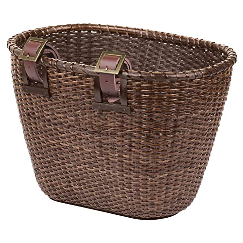 Retrospec Cane Woven Oval Dreamcatcher Basket with Authentic Leather Straps & Brass Buckles, Dark Stain