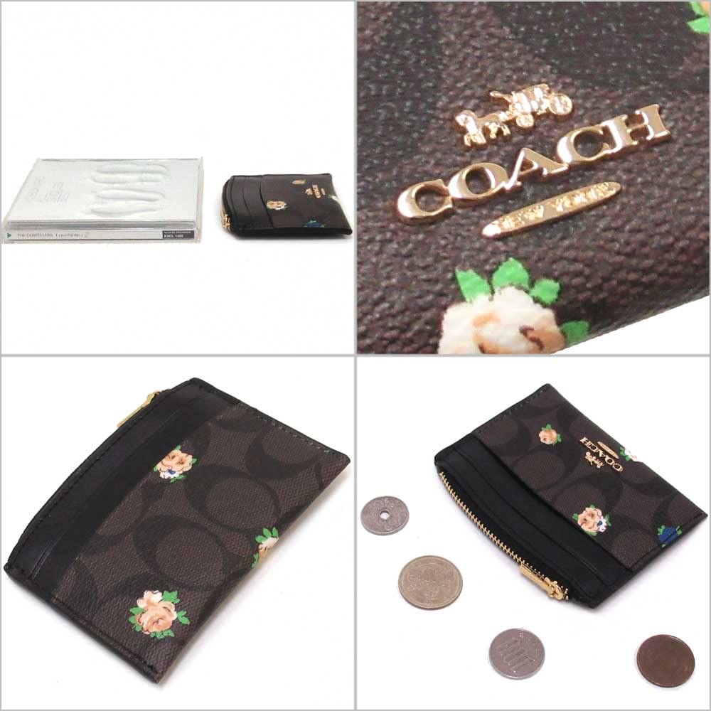 Coach Women's Shaped Card Case (Signature coated canvas and smooth leather, Rose Print - Brown - Black)