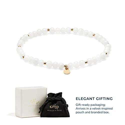 MORGAN & PAIGE 18K Yellow Gold Plated and Genuine Moonstone Gemstone Bronze Accents Beaded Stretch Bracelet, 6.5"