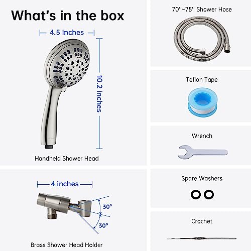 G-Promise High Pressure Shower Head 6 Spray Setting Hand Held Shower Heads with Adjustable Solid Brass Shower Arm Mount Extra Long Flexible Stainless Steel Hose(Brushed Nickel)