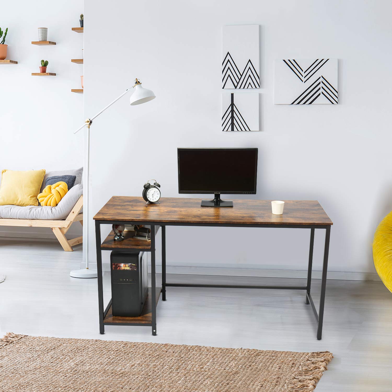 CHADIOR Industrial Desk, 55 Inch Work Surface, Wooden Writting Workstation, Simple Gaming Computer Table with Shelves, for Small Space, Home Office, Bedroom, Rustic Brown