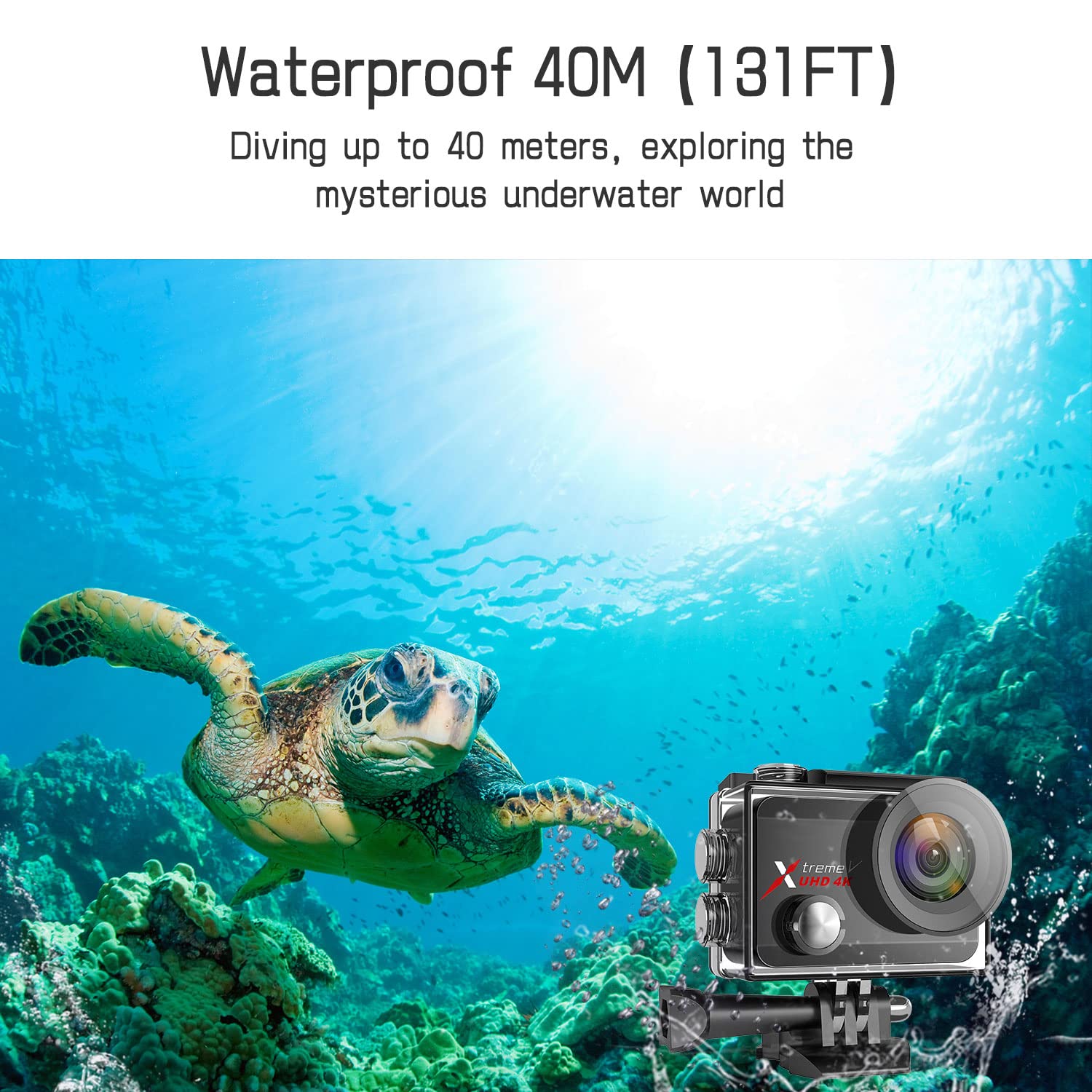CAMWORLD Waterproof Action Camera 4K 60FPS 20MP Underwater Camera Camcorder 40M 170Degree Wide Angle Camera with Touch Screen Stabilizer 2 Rechargeable 1350 Batteries and Accessories Kit
