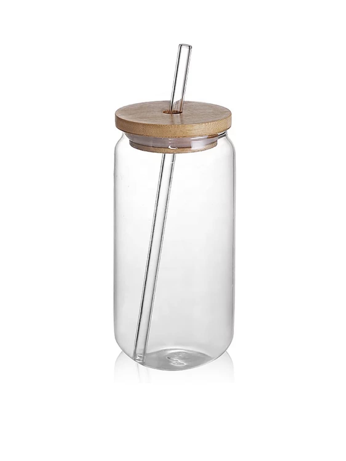 Drinking Glasses with Bamboo Lids and Glass Straw 4pcs Set - 16oz Can Shaped Glass Cups, Beer Glasses, Iced Coffee Glasses, Ideal for Cocktail, Whiskey, Gift - 2 Cleaning Brushes