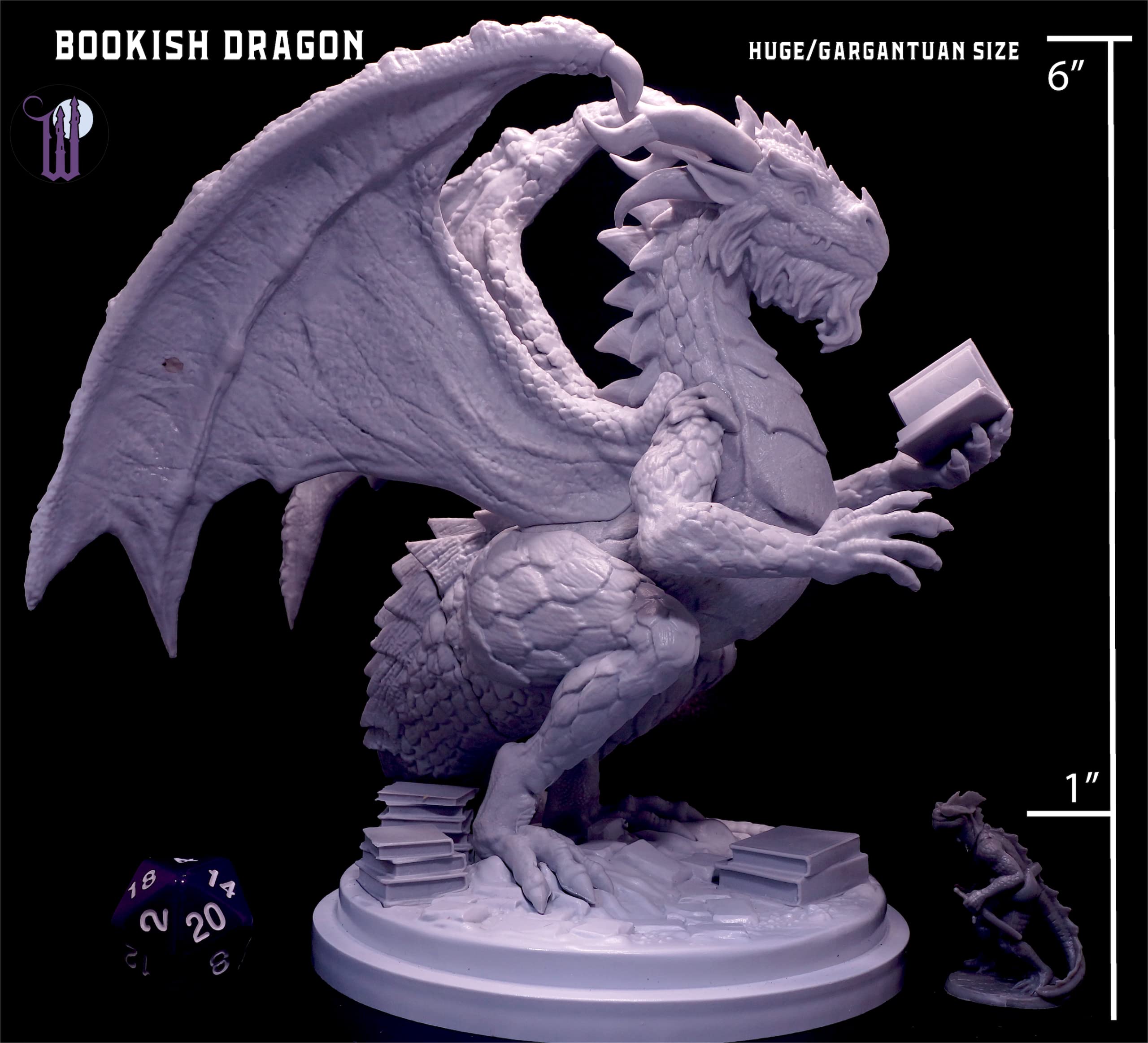 Wildspire Fantasy Bookish Dragon Paintable DND Miniature Huge 6" D&D Dragon Mini 28-32mm Dungeons and Dragons Figure for Fantasy Tabletop Miniatures and Accessory, Partially Assembled for TTRPG