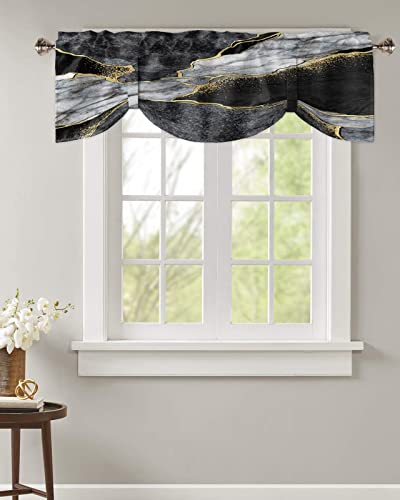 Tie Up Valance for Windows Black Abstract Marble Curtains Valances Rod Pocket Valance Window Treatments White Malachite Gold Veins Tie-up Shade Valance for Kitchen Living Room Bedroom 1 Panel 60x18