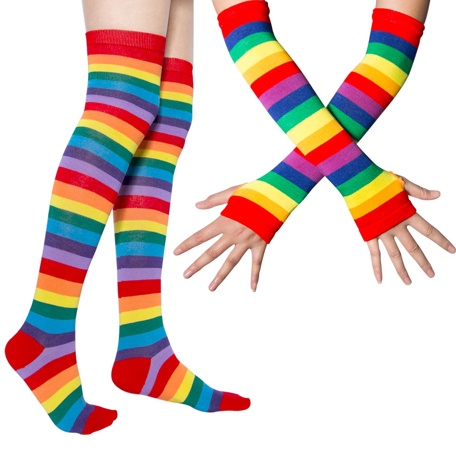 Chalier Womens Rainbow Socks Striped Knee High Socks Arm Warmer Fingerless Gloves Set (Red)
