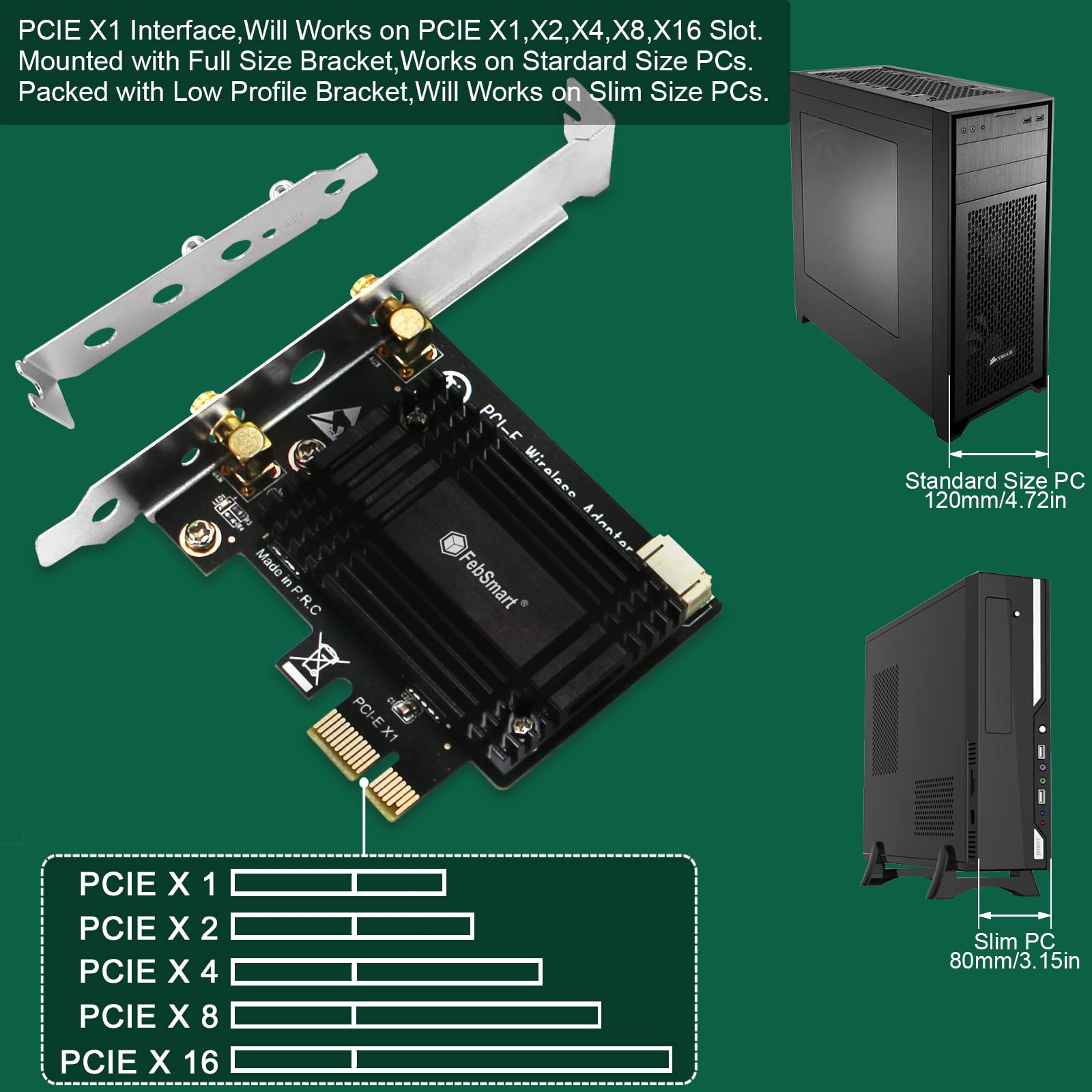 FebSmart WiFi 6E 5400Mbps Tri-band PCIE WiFi Card for Windows 11, 10 64bit and Linux Kernel 5.1 Desktop PCs, 2.4GHz 574Mbps, 5GHz 2400Mbps and 6GHz 2400Mbps for Gaming, Intel WiFi 6E AX210NGW (AX5400)